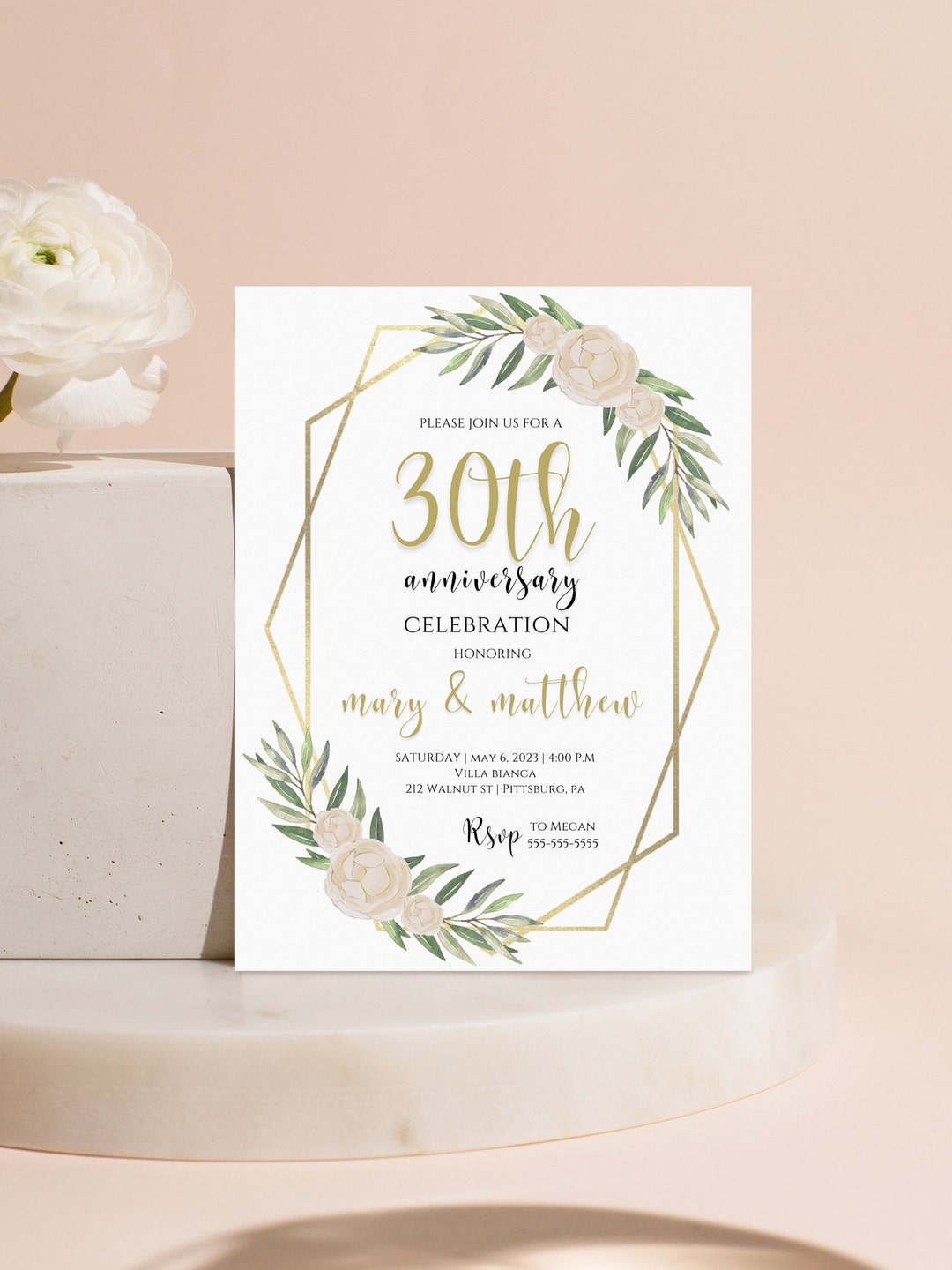 30th Anniversary Invitation Template, Floral Greenery 30th Anniversary ...
