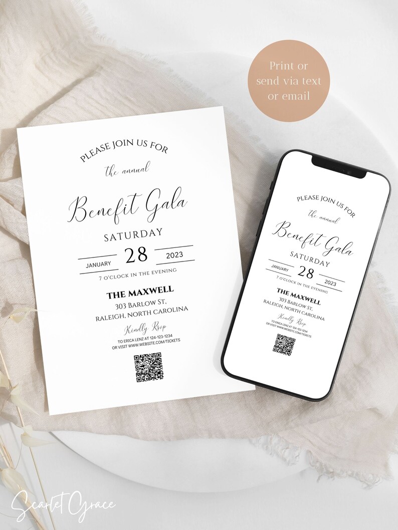 Bella Minimalist Gala Invitation Template, Benefit Dinner Event QR Code ...