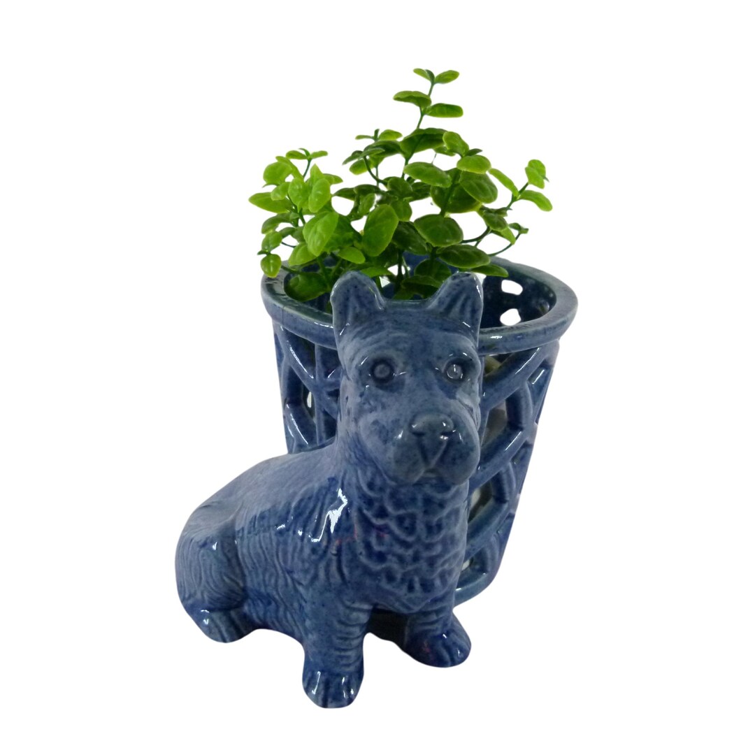 50s Blue Terrier Dog Ceramic Lattice Planter | Lattice Pot Plant Holder ...