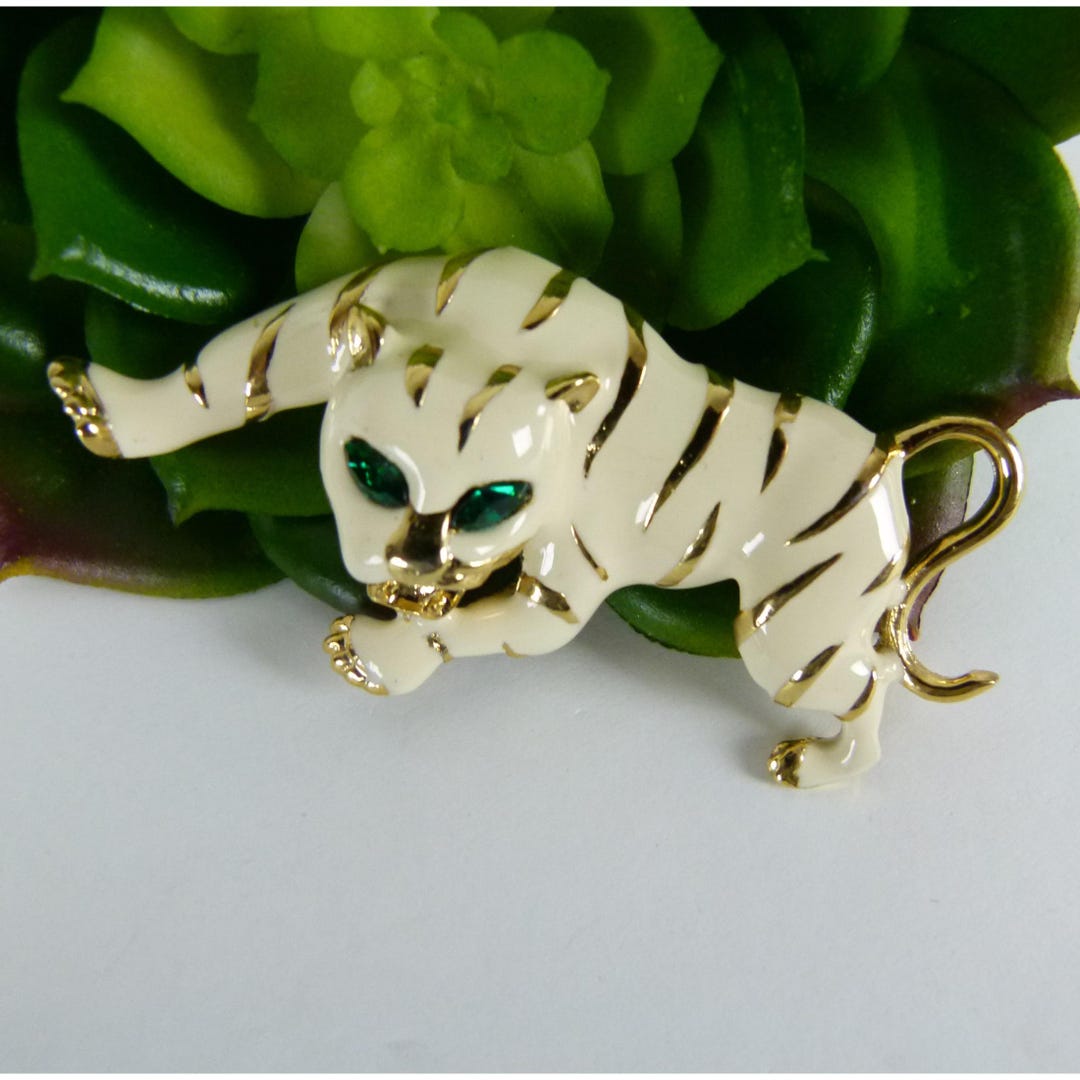Vintage Enamel White Tiger Brooch With Emerald Eyes | Enamel Cat Pin ...