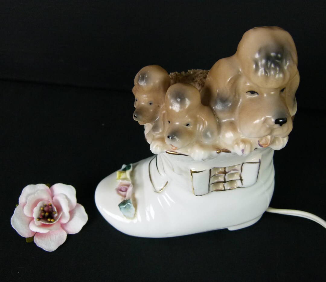 50s Ceramic Puppies in a Shoe Lamp | Childs Night Light | 3 Poodles in ...