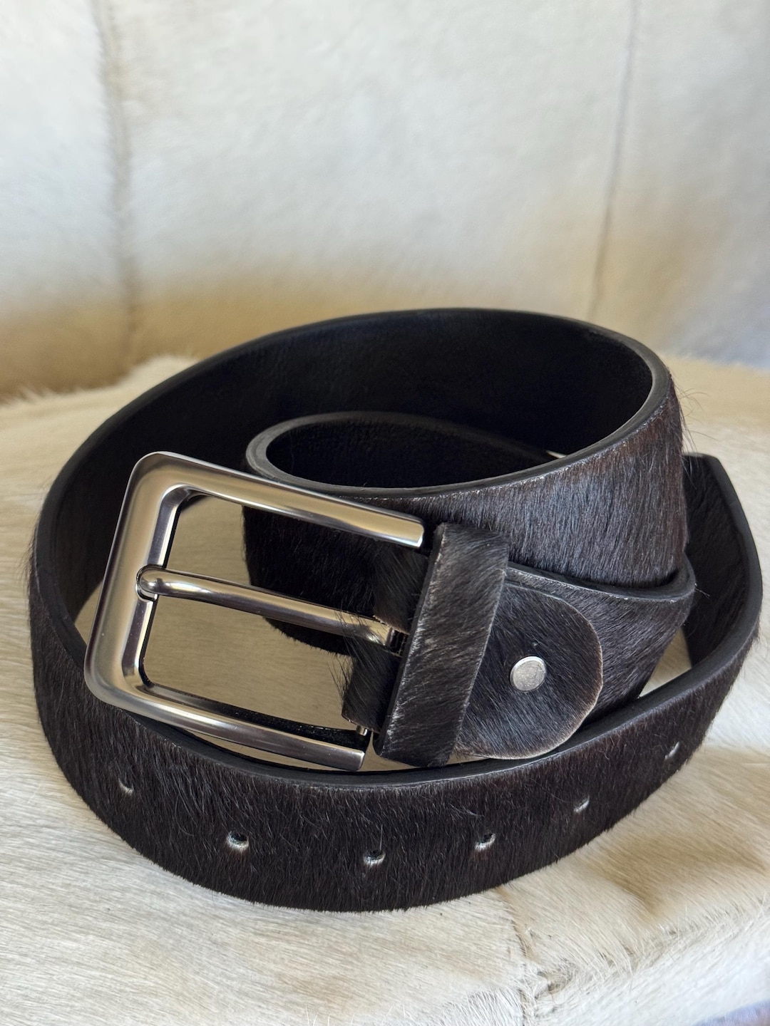 Midnight Black Cowhide Genuine Leather Fur Belt Silver Buckle - Etsy