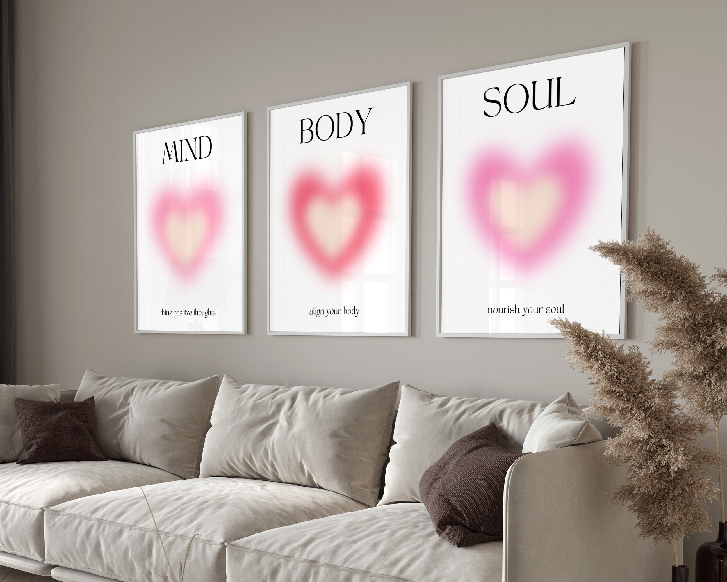 Mind Body Soul Print SET OF 3, Gradient Wall Art, Pink Poster Set, Aura ...