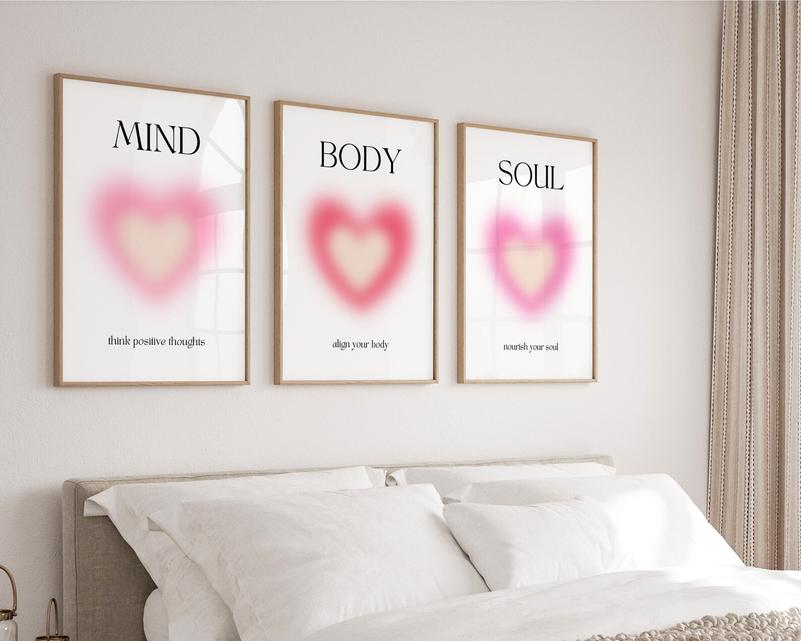 Mind Body Soul Print SET OF 3, Gradient Wall Art, Pink Poster Set, Aura ...