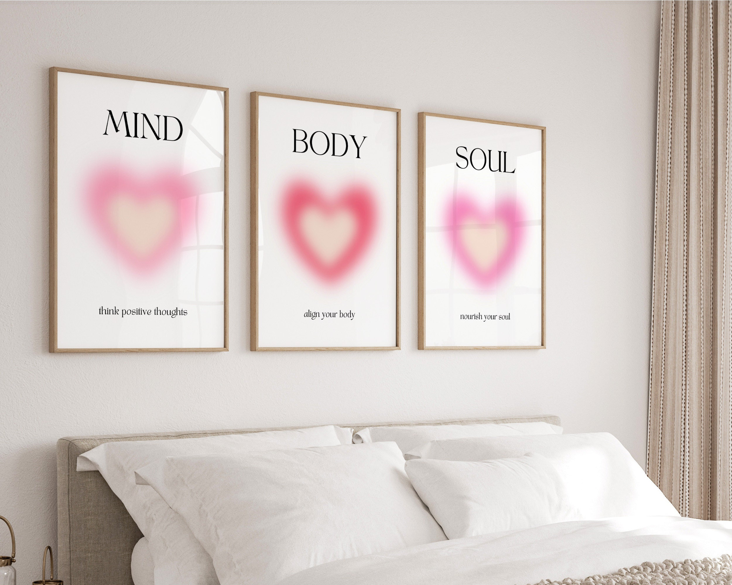 Mind Body Soul Print SET OF 3, Gradient Wall Art, Pink Poster Set, Aura ...