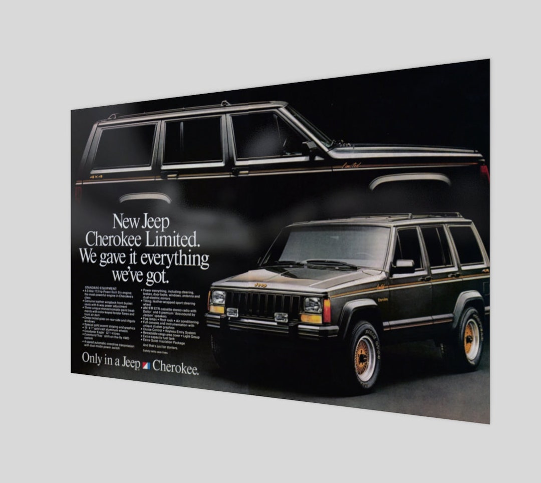 Retro 1987 Jeep Cherokee Limited Poster | Retro Magazine Ad Car Poster ...