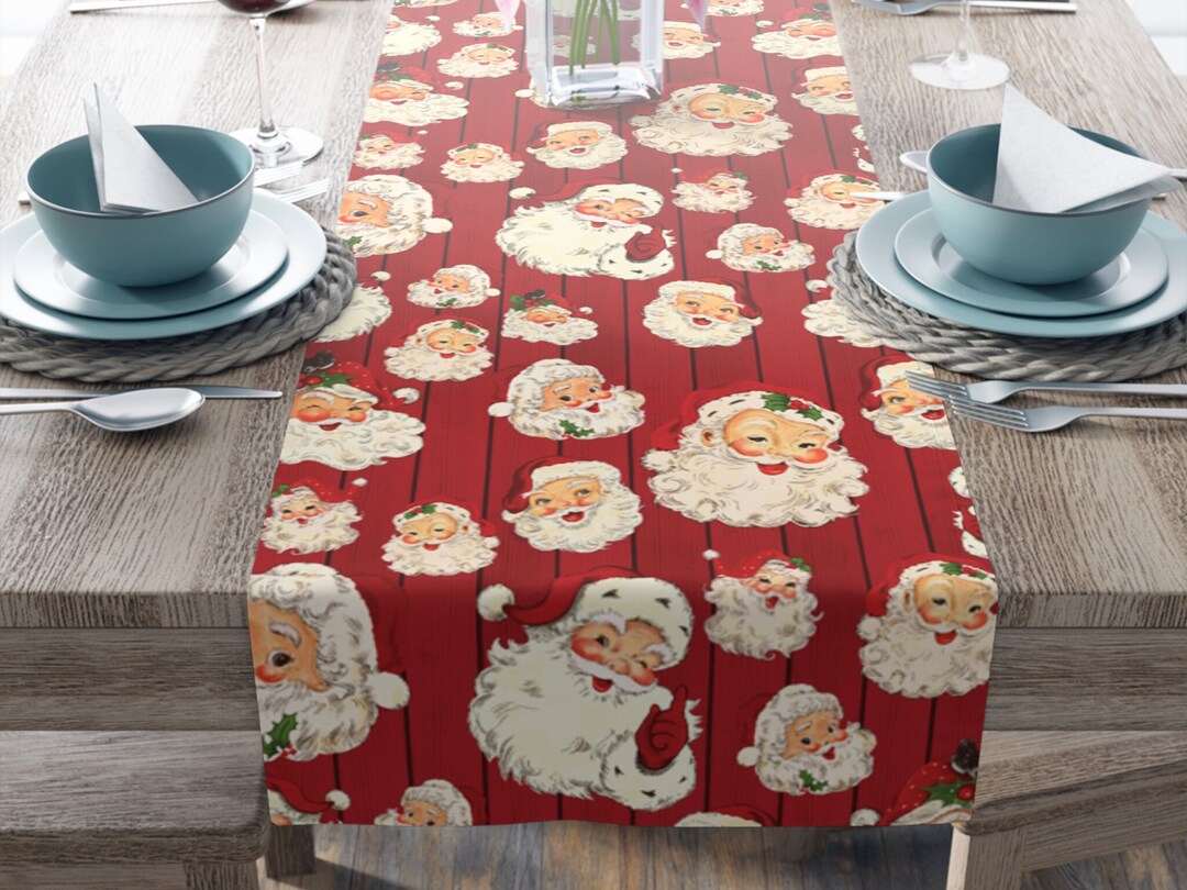Vintage Santa Table Runner, Christmas Table Runner, Santa Tablecloth ...