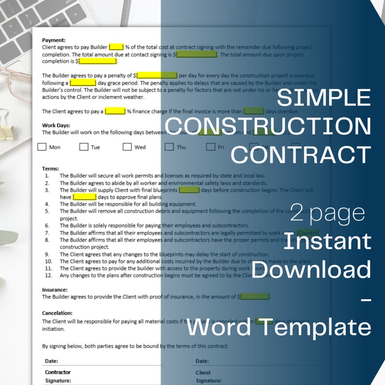 Simple Construction Contract, Contracting Contract, Renovation Contract ...