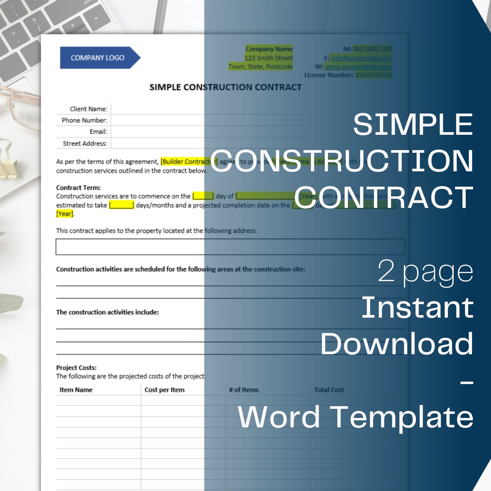 Simple Construction Contract, Contracting Contract, Renovation Contract ...