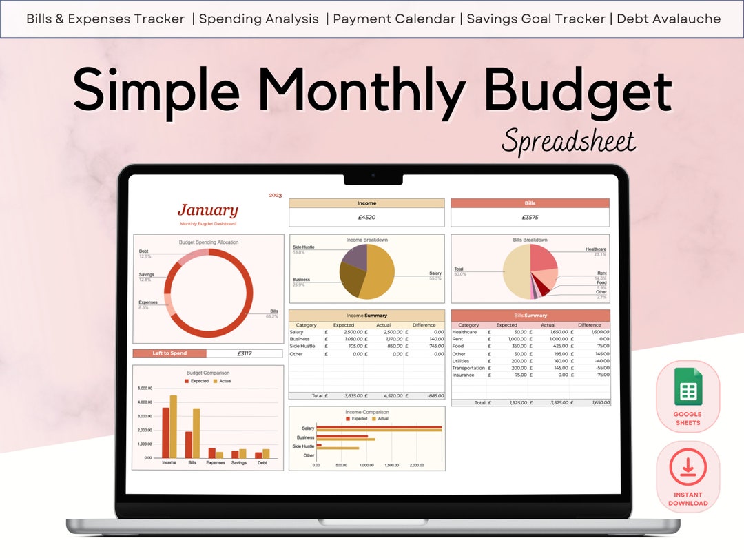 Simple Monthly Budget Spreadsheet Template for Google Sheets; Digital ...