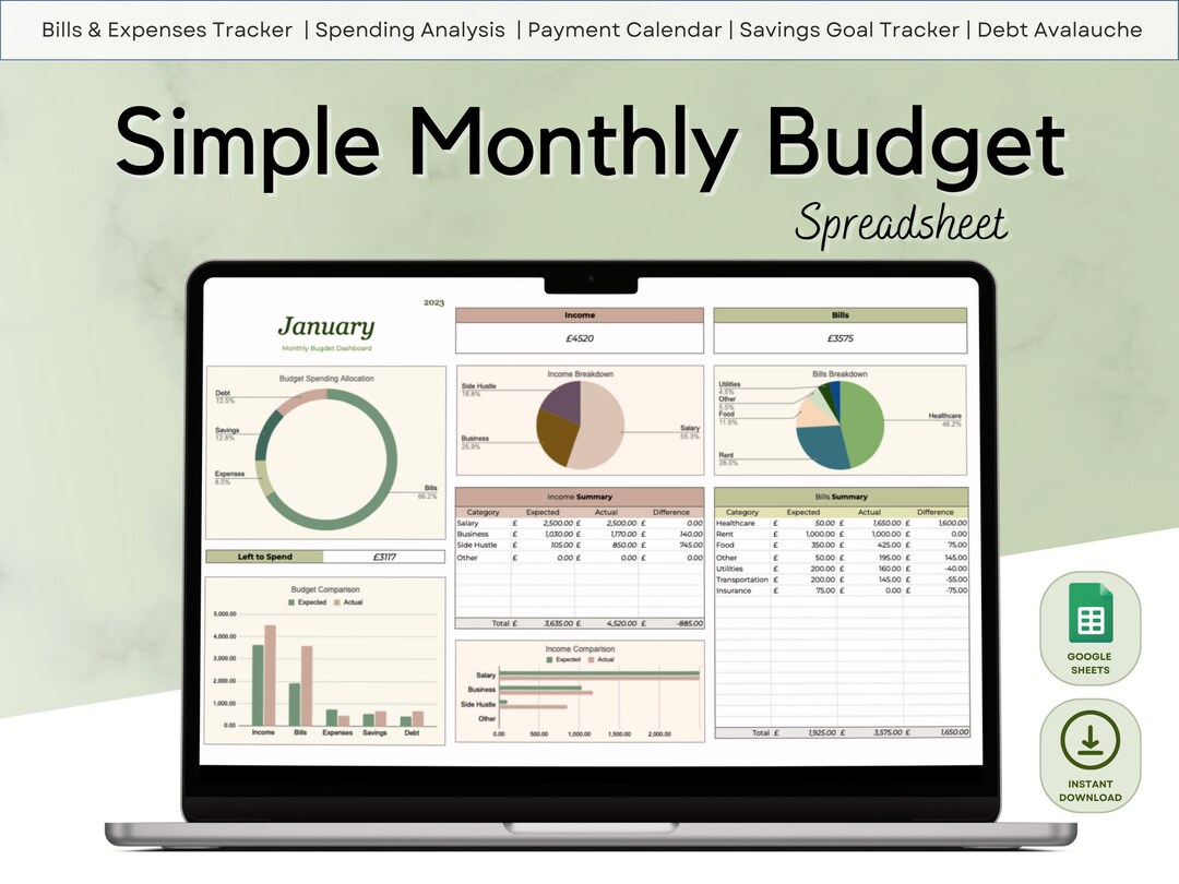 Simple Monthly Budget Spreadsheet Template for Google Sheets Digital ...