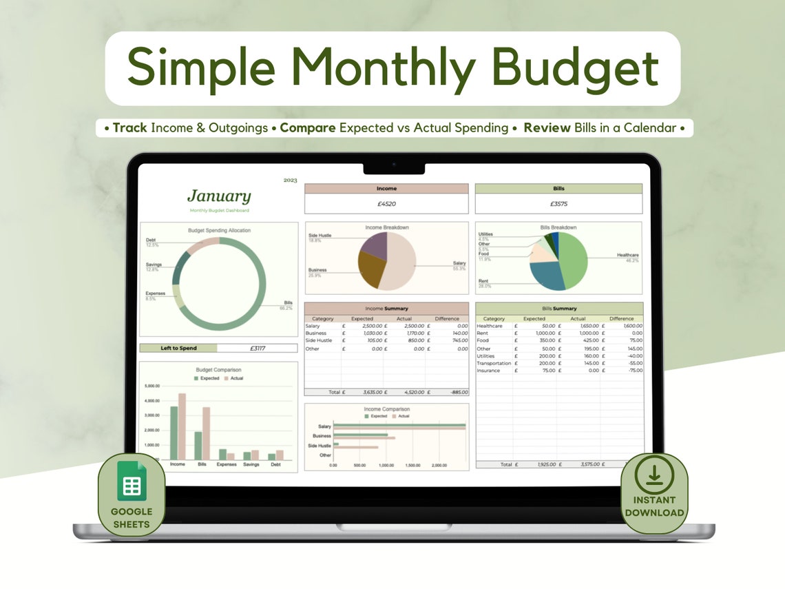 Simple Monthly Budget Spreadsheet Template for Google Sheets Digital ...