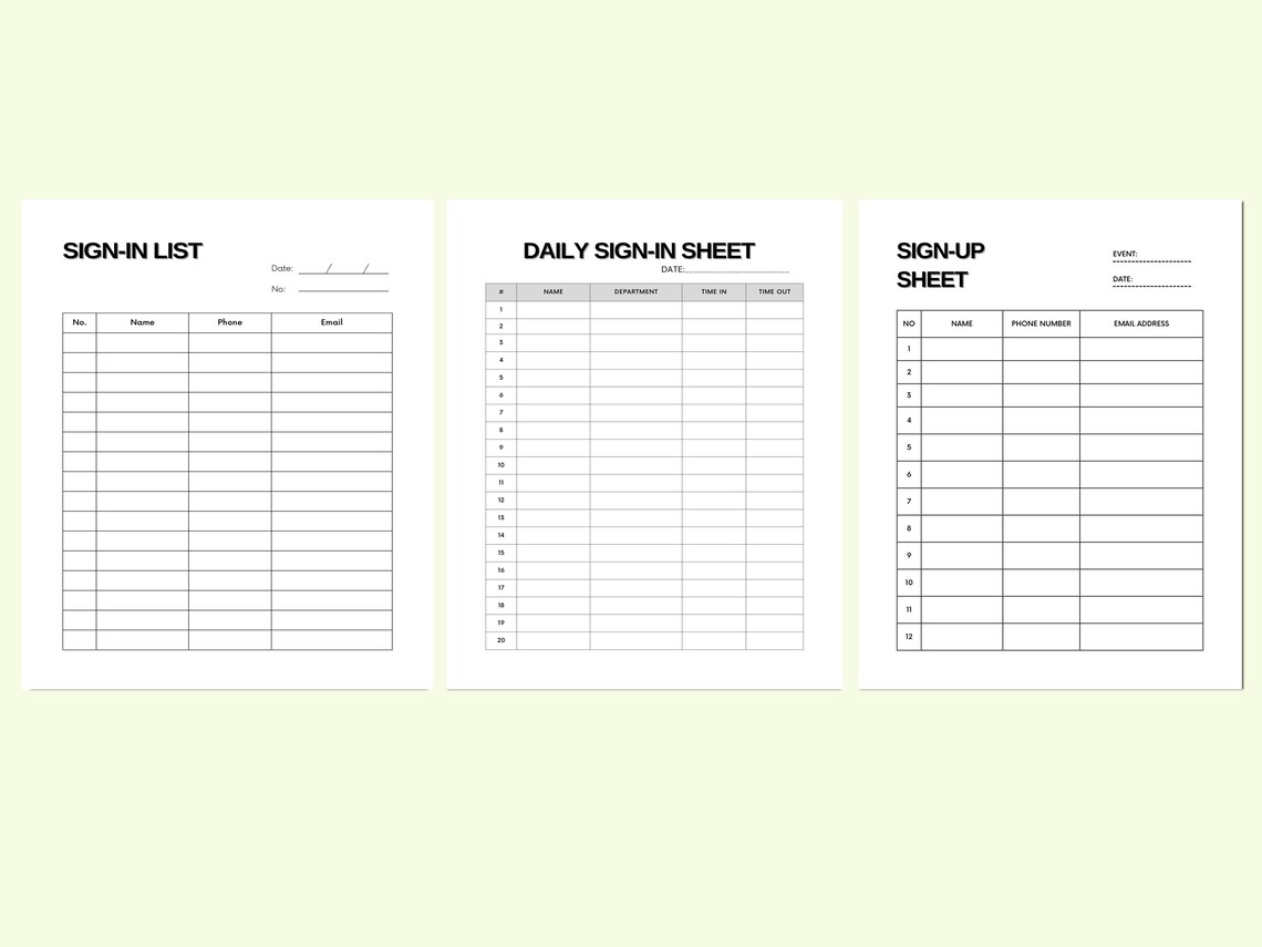 Printable Sign-in List, Sign up Sheet, Sign-in Sheet, Instant Download ...