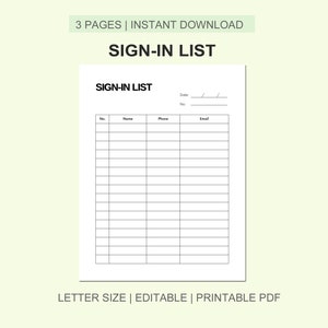 Printable Sign-in List, Sign up Sheet, Sign-in Sheet, Instant Download ...