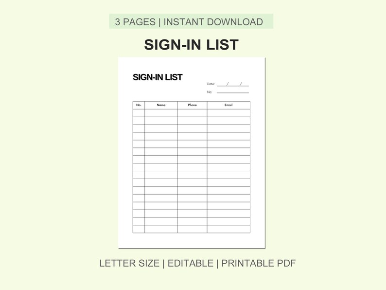 Printable Sign-in List, Sign up Sheet, Sign-in Sheet, Instant Download ...