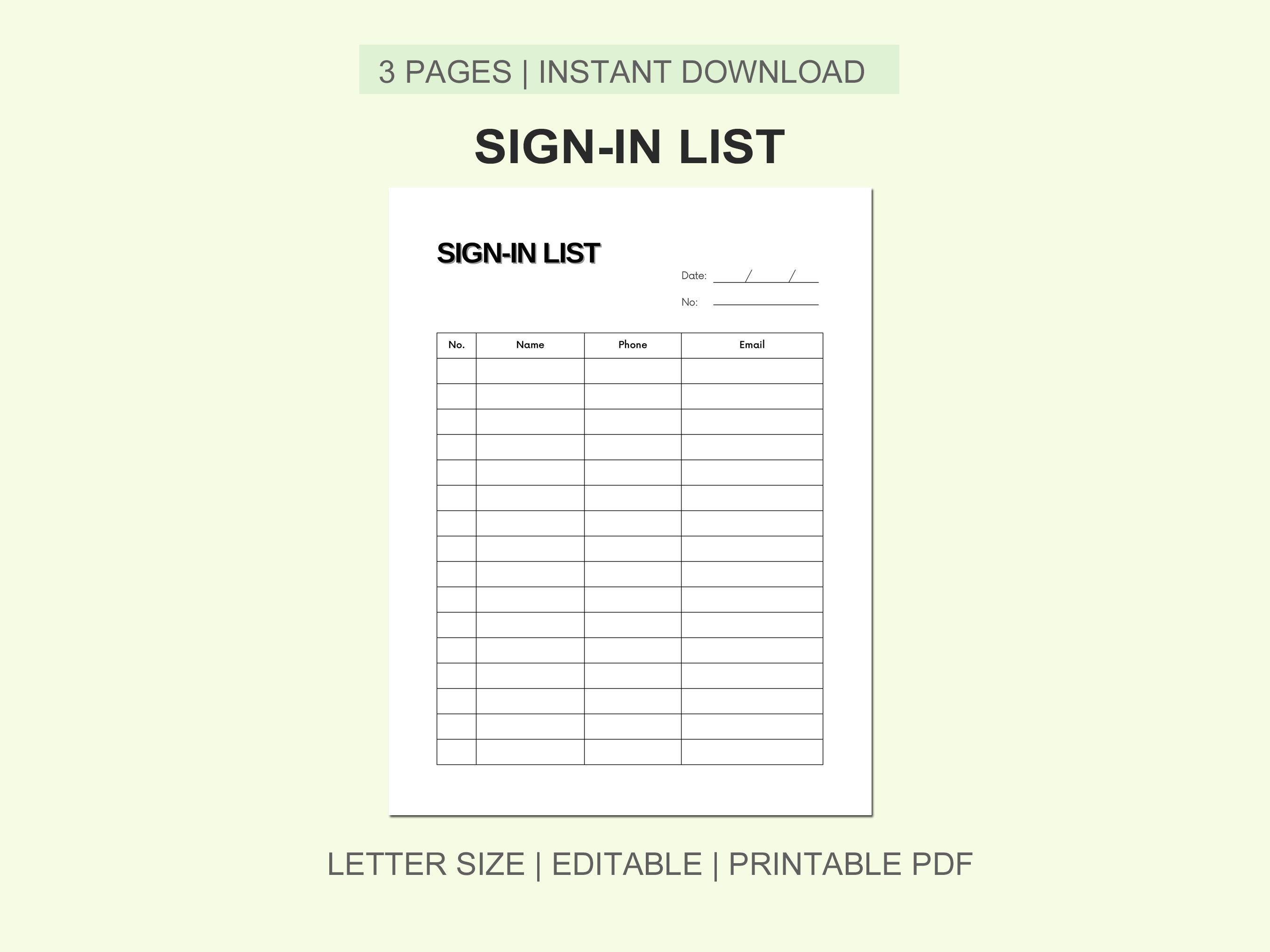 Printable Sign-in List, Sign up Sheet, Sign-in Sheet, Instant Download ...