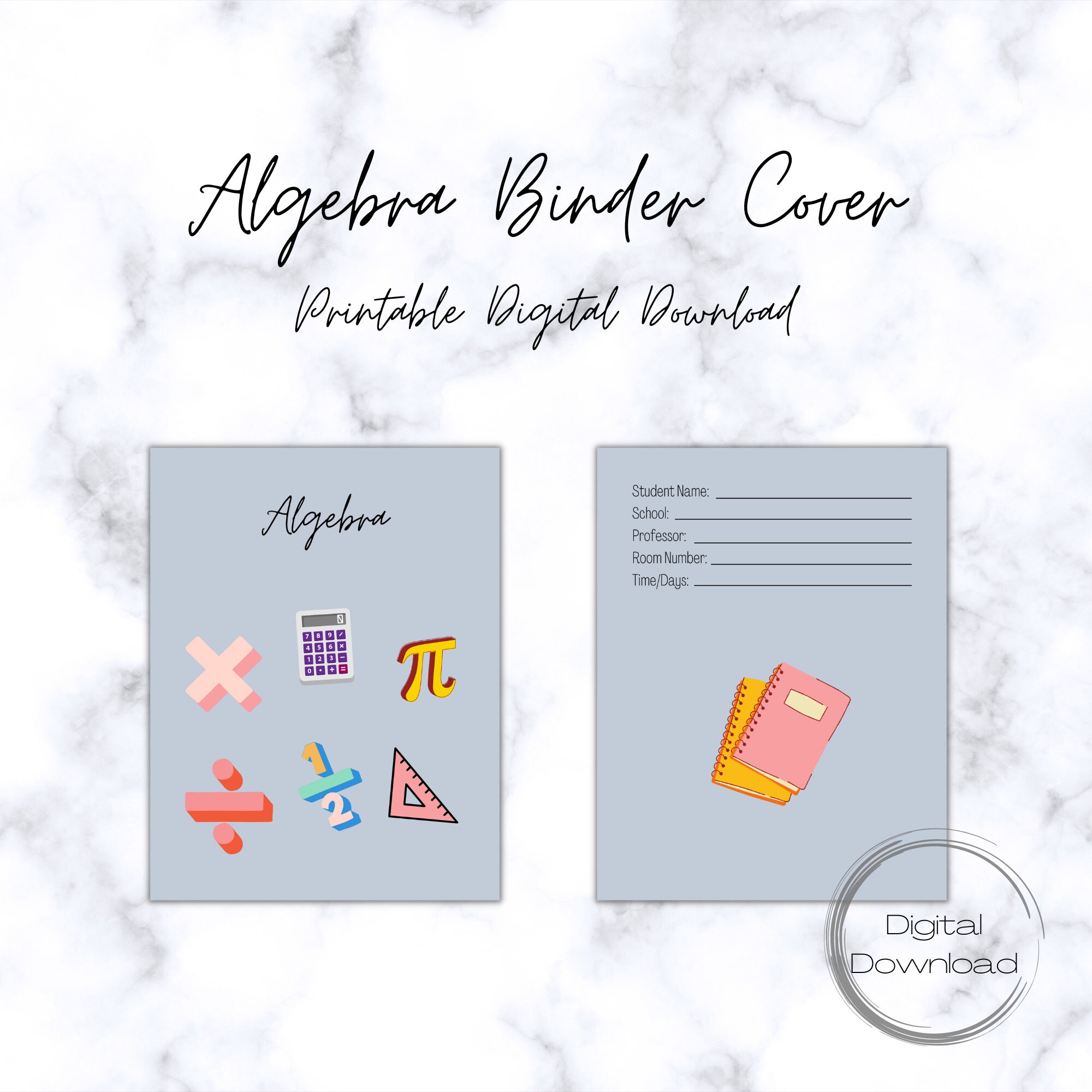Algebra Binder Cover. Printable PDF Digital Download. US Letter Size ...