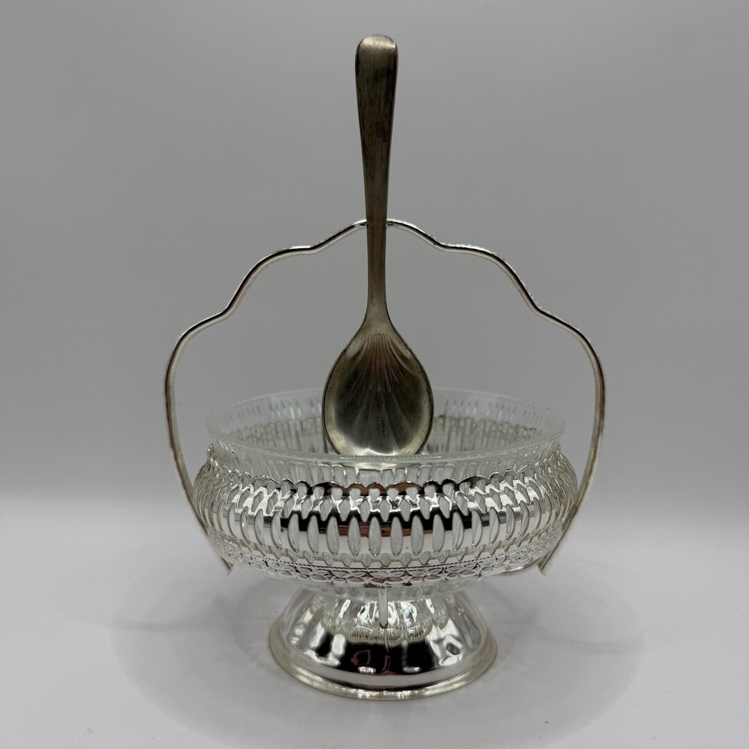 Vintage Mayell Silver Plated Crystal Condiment Jam Bowl With Spoon Made ...