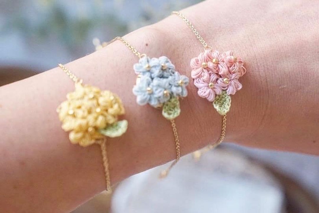 Crochet Hydrangea Flower Bracelet, Dainty Floral Jewelry, Handmade Gold ...