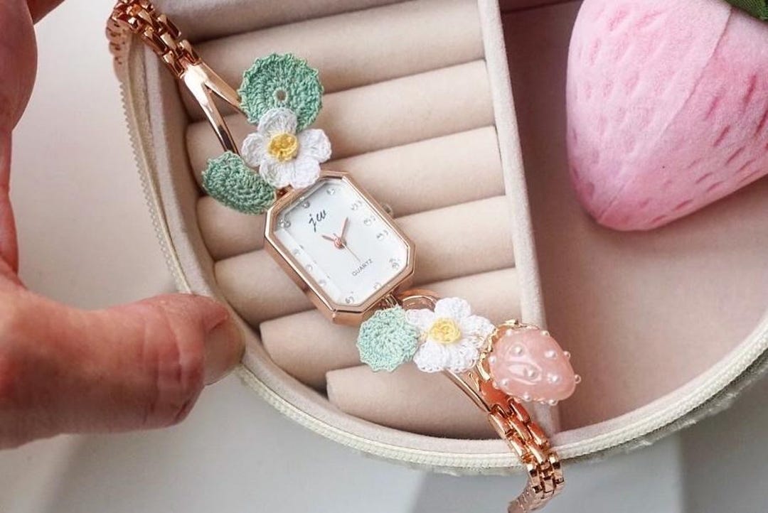 Hand-crocheted Strawberry Flower Watch, Gold-plated Brass Bracelet - Etsy
