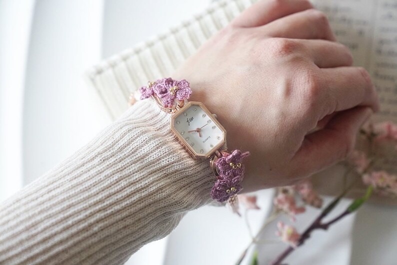 Microcrochet Cherry Blossom Watch Bracelet, 14K Gold-plated Floral ...