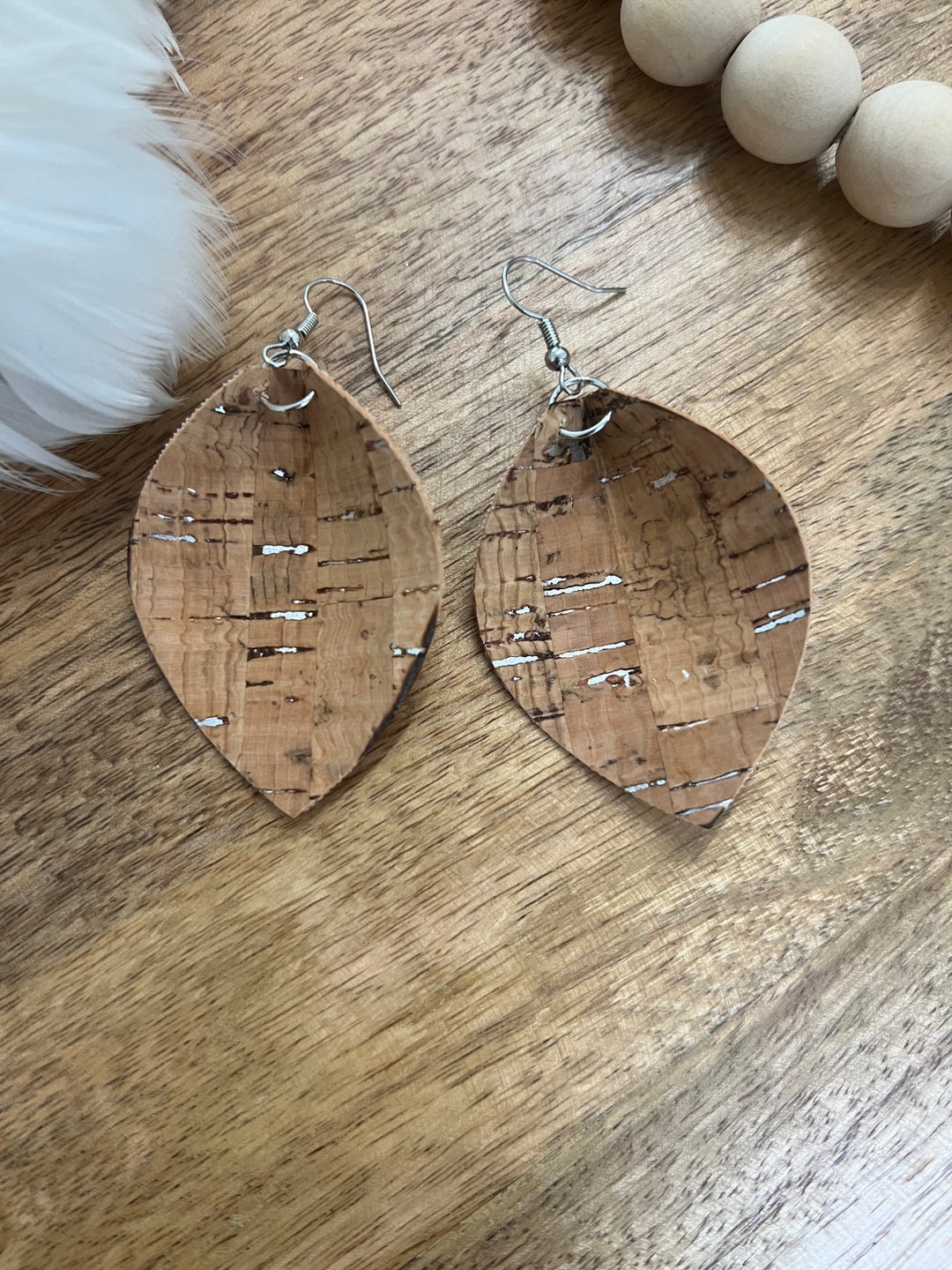 Silver Cork Pinched Leaf Earrings - Etsy