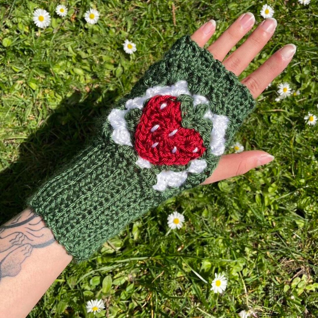 Handmade Crochet Strawberry Patch Fingerless Gloves Arm - Etsy