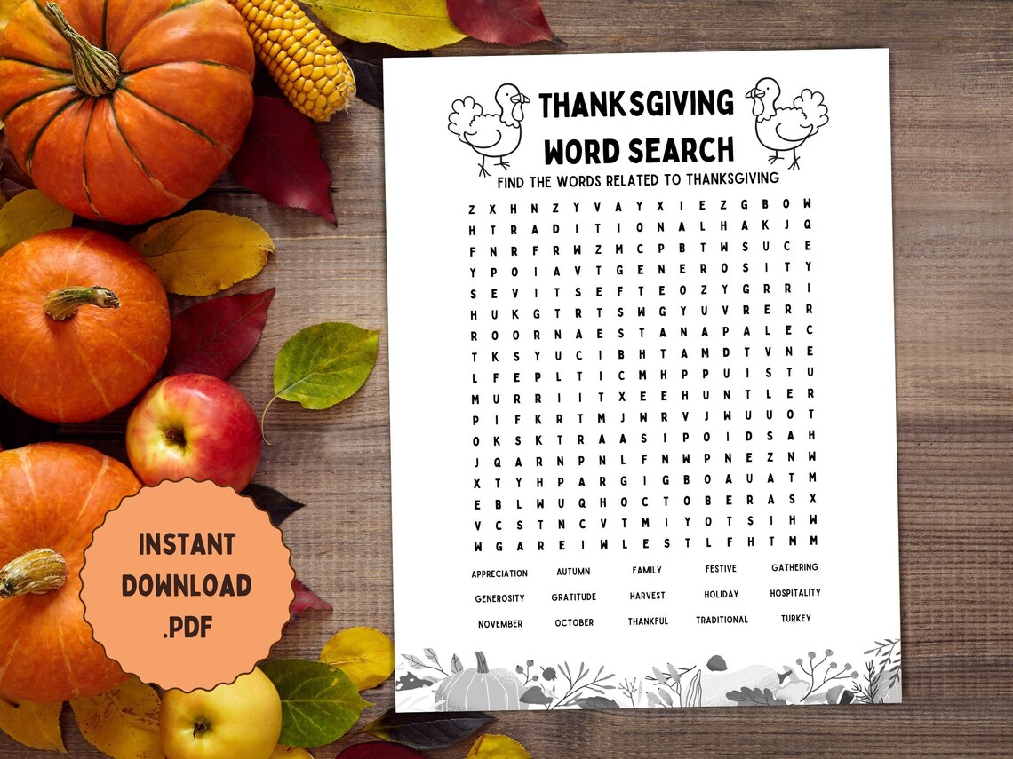 4 Black & White Thanksgiving Day Printable Word Searches | Holiday ...