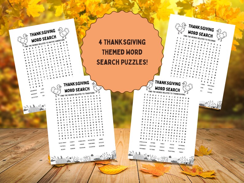 4 Black & White Thanksgiving Day Printable Word Searches | Holiday ...