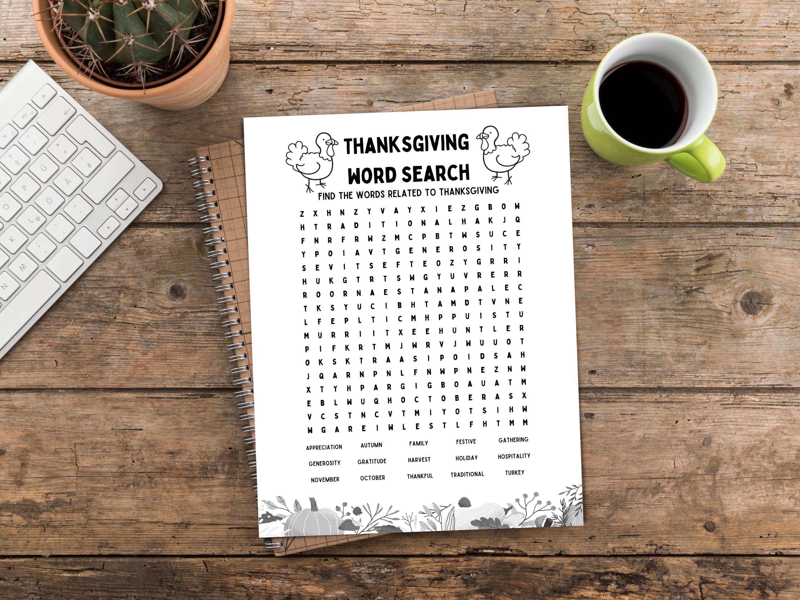 4 Black & White Thanksgiving Day Printable Word Searches | Holiday ...