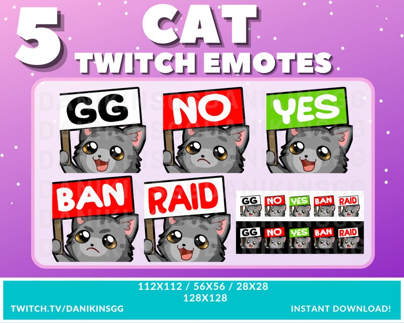 5 Cute Cat Twitch Emotes | Grey | Emote Pack | Kitty Cat Kitten Ban GG ...