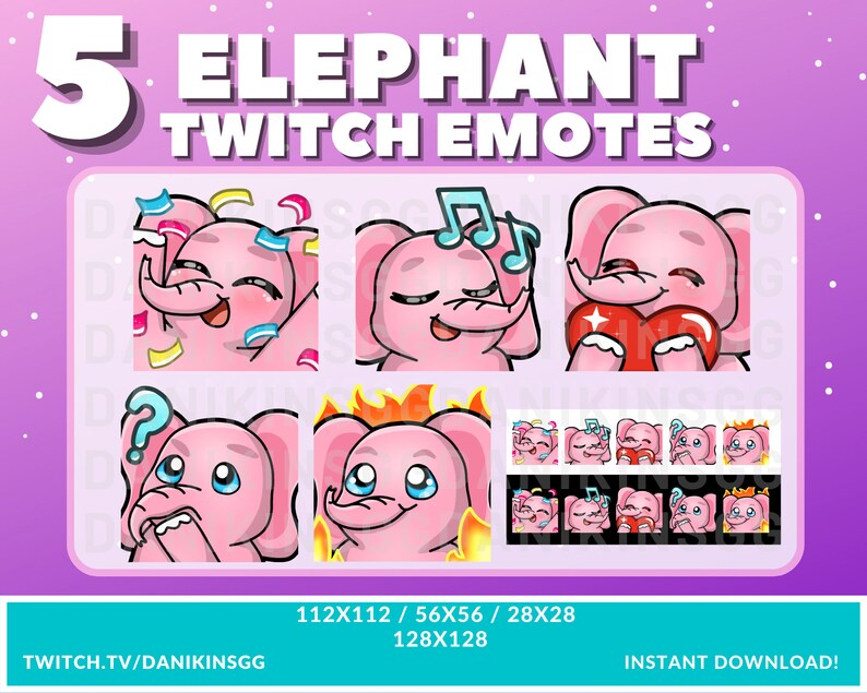 5 Cute PINK Elephant Twitch Emotes | Emote Pack | Hype Love Think This ...