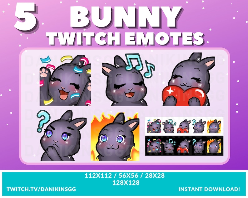 5 Cute Bunny TWITCH EMOTES | Black | Emote Pack | Bunny | Rabbit ...