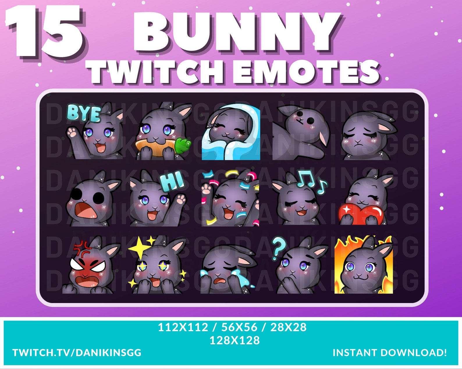 15 BUNNY TWITCH EMOTES Black Emote Pack Bunny Emotes Rabbit Emotes ...