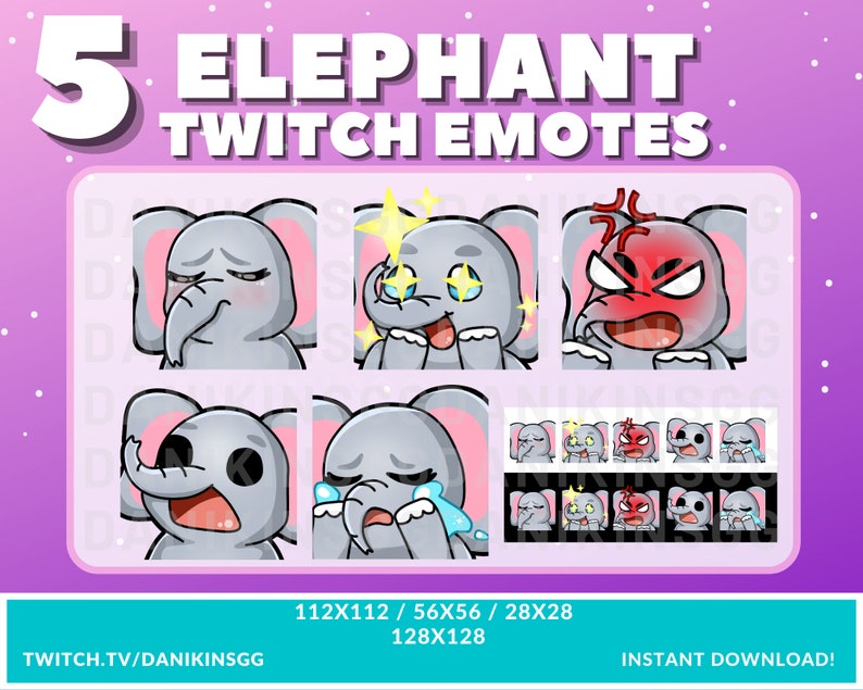 5 Cute Elephant Twitch Emotes | Emote Pack | Rage Pog Sad Feelsbad Gasp ...