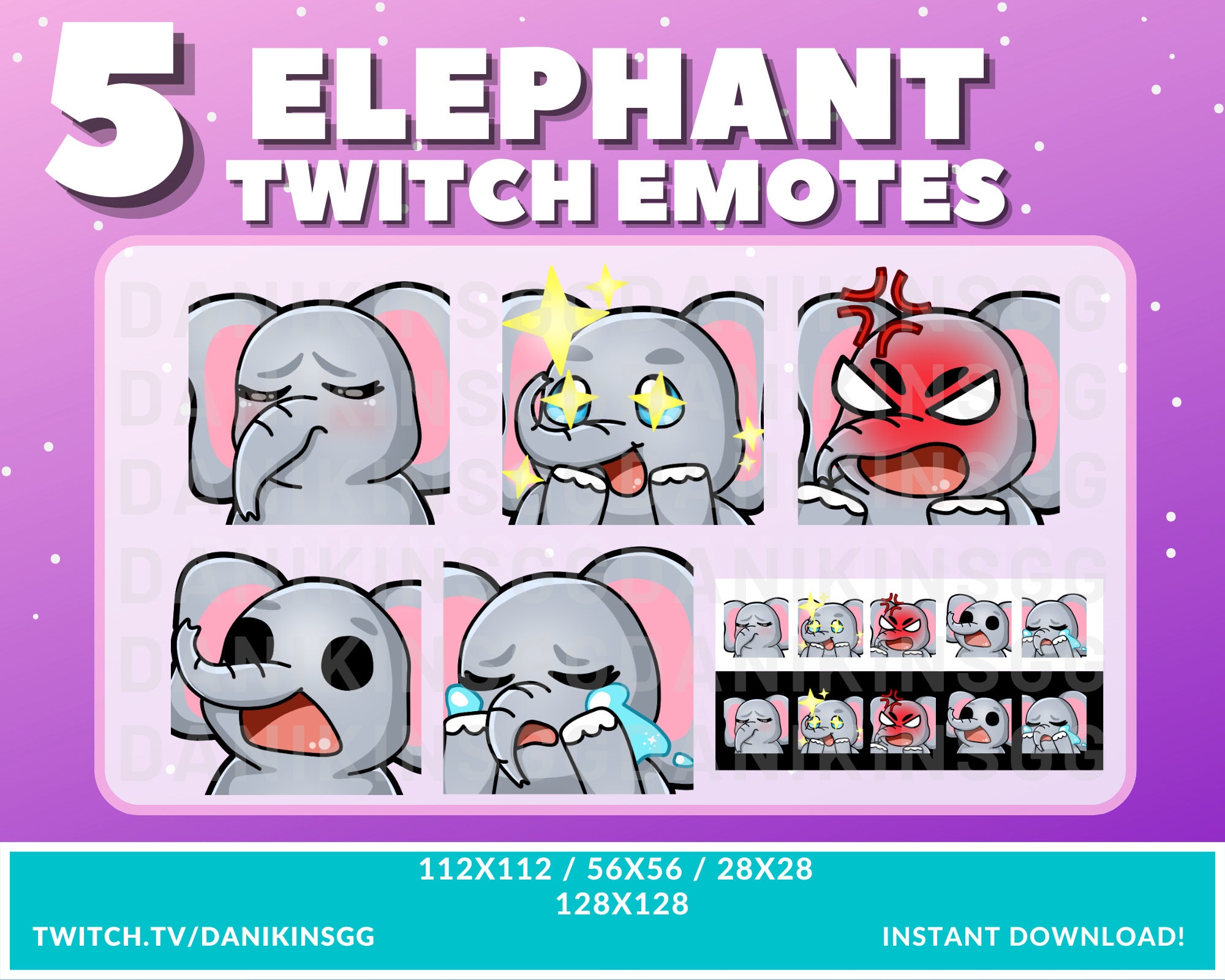 5 Cute Elephant Twitch Emotes | Emote Pack | Rage Pog Sad Feelsbad Gasp ...