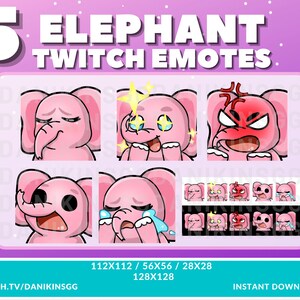 5 Cute PINK Elephant Twitch Emotes | Emote Pack | Rage Pog Sad Feelsbad ...