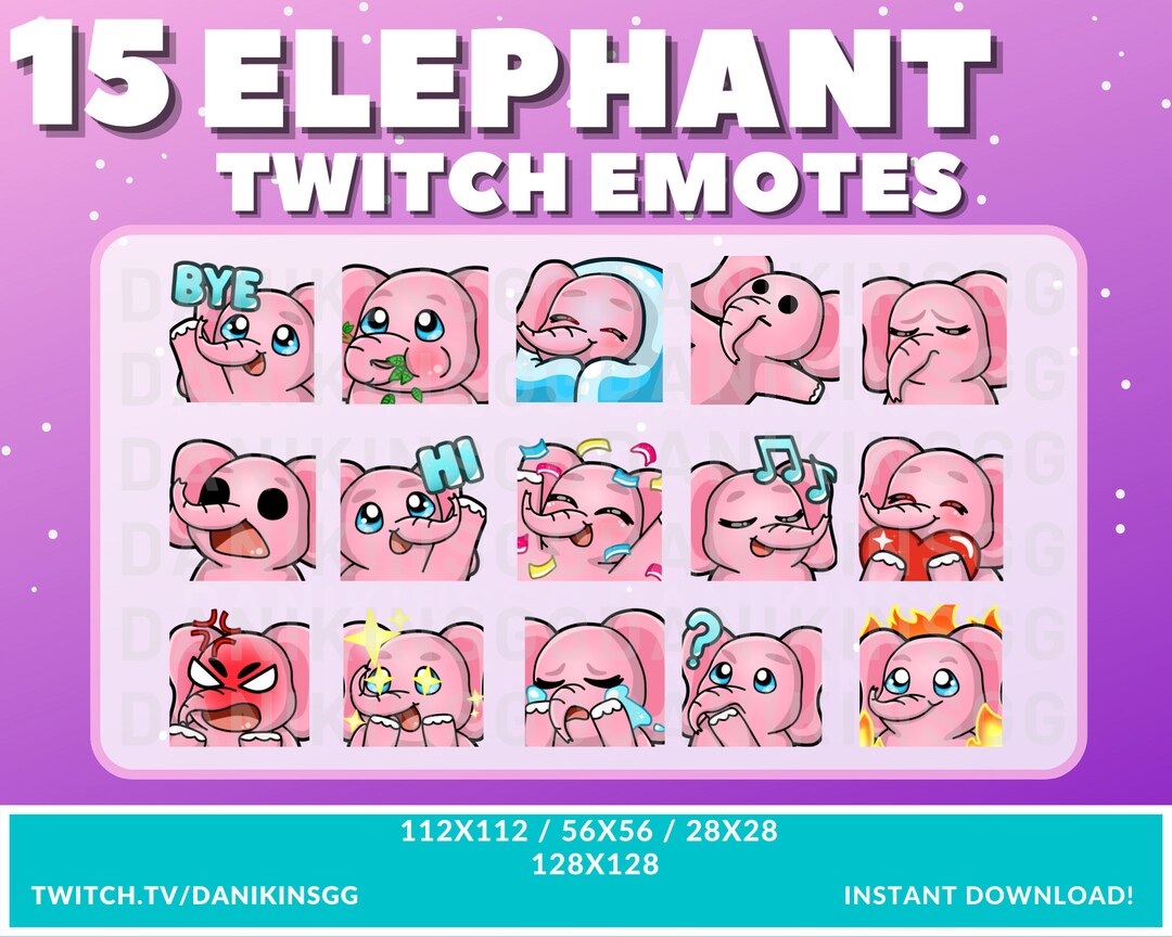 15 Cute PINK Elephant Twitch Emotes | Emote Pack | Hi Bye Cozy Hype ...