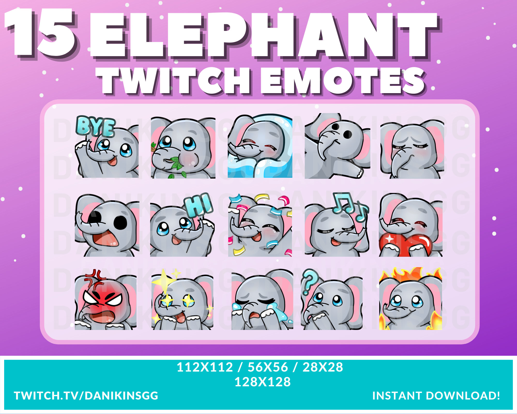 15 Cute Elephant Twitch Emotes Emote Pack Hi Bye Cozy Hype Love Rage ...