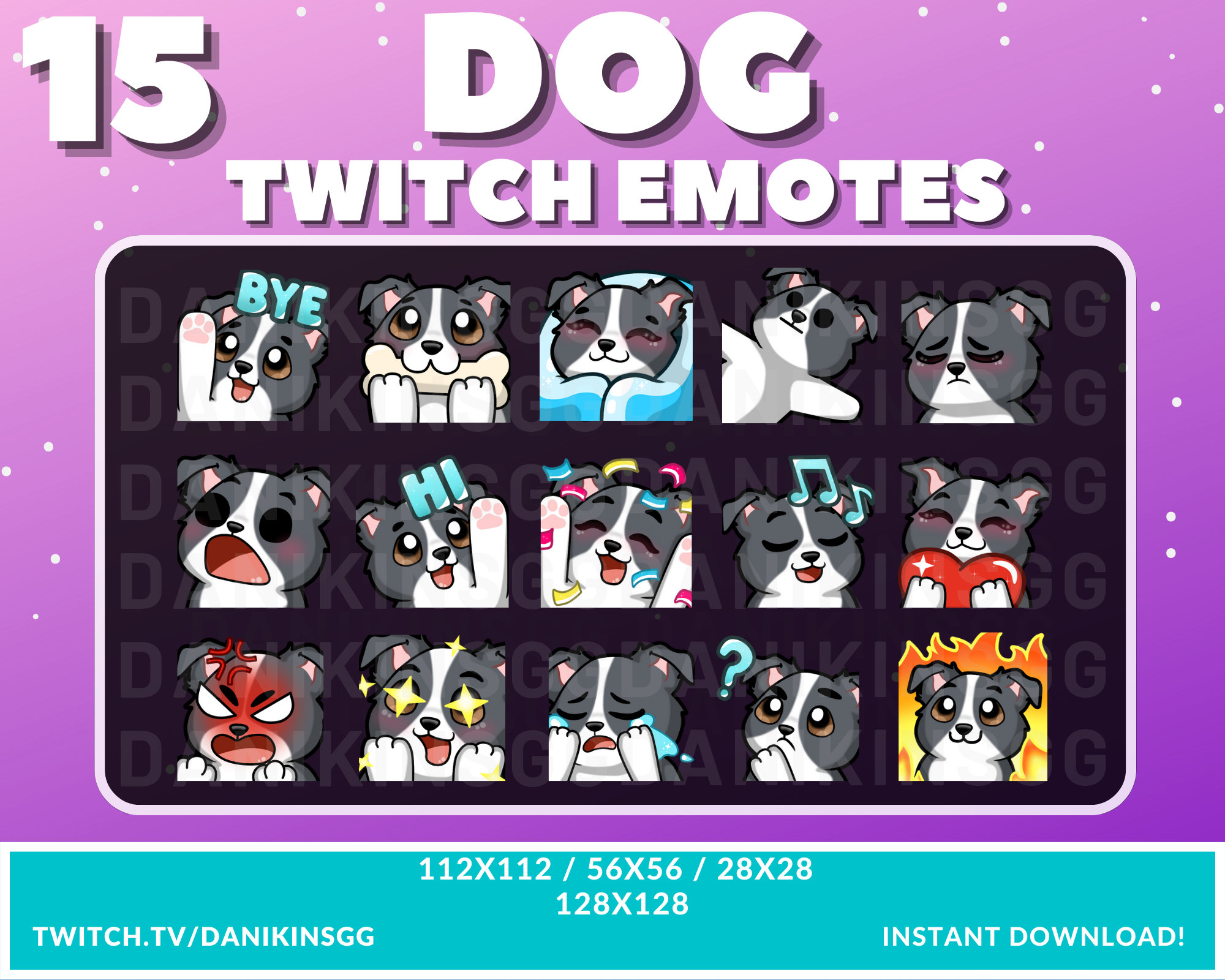 15 Cute Dog Twitch Emotes | Black and White | 3 Different Eye Colors ...