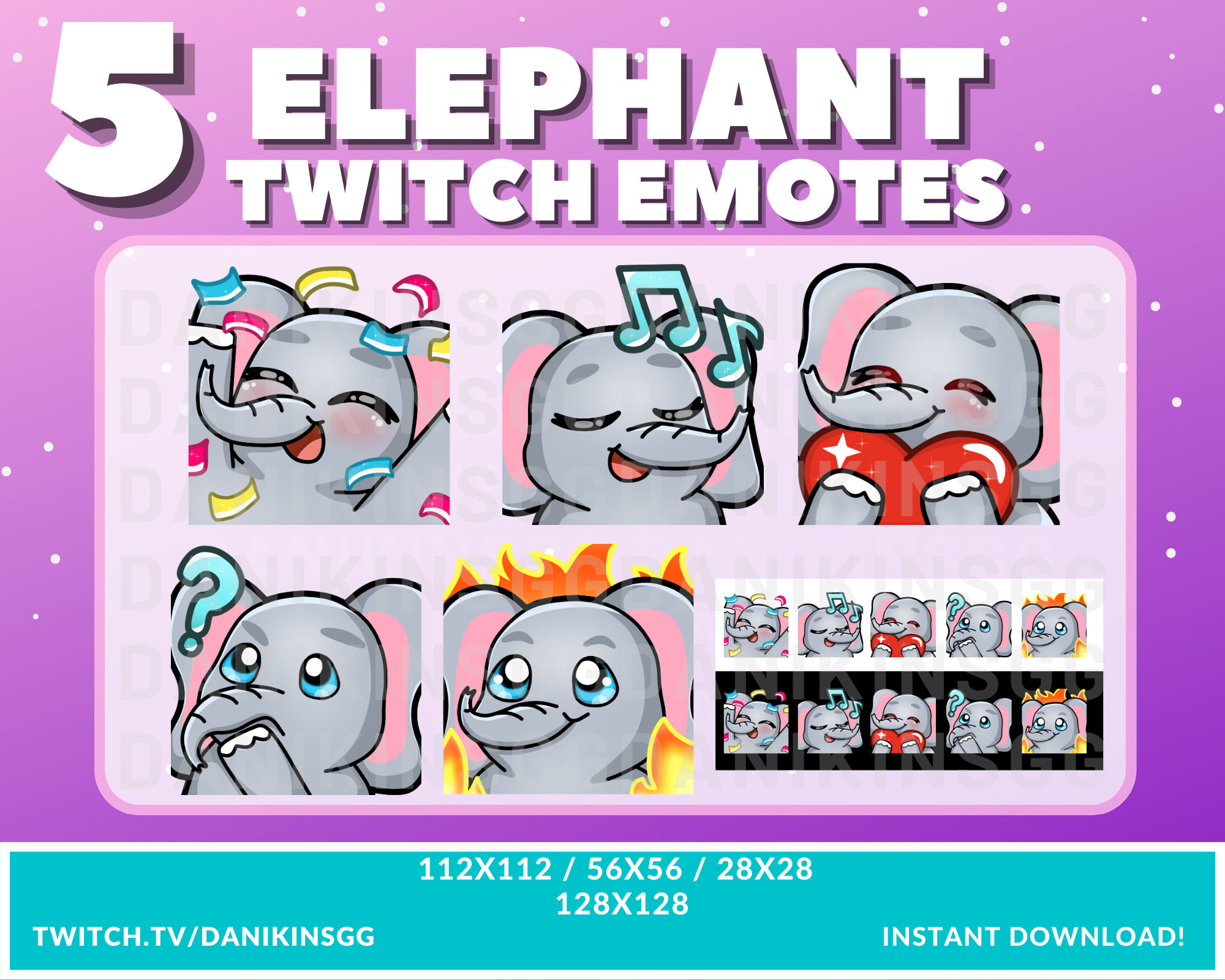 5 Cute Elephant Twitch Emotes | Emote Pack | Hype Love Think This is ...
