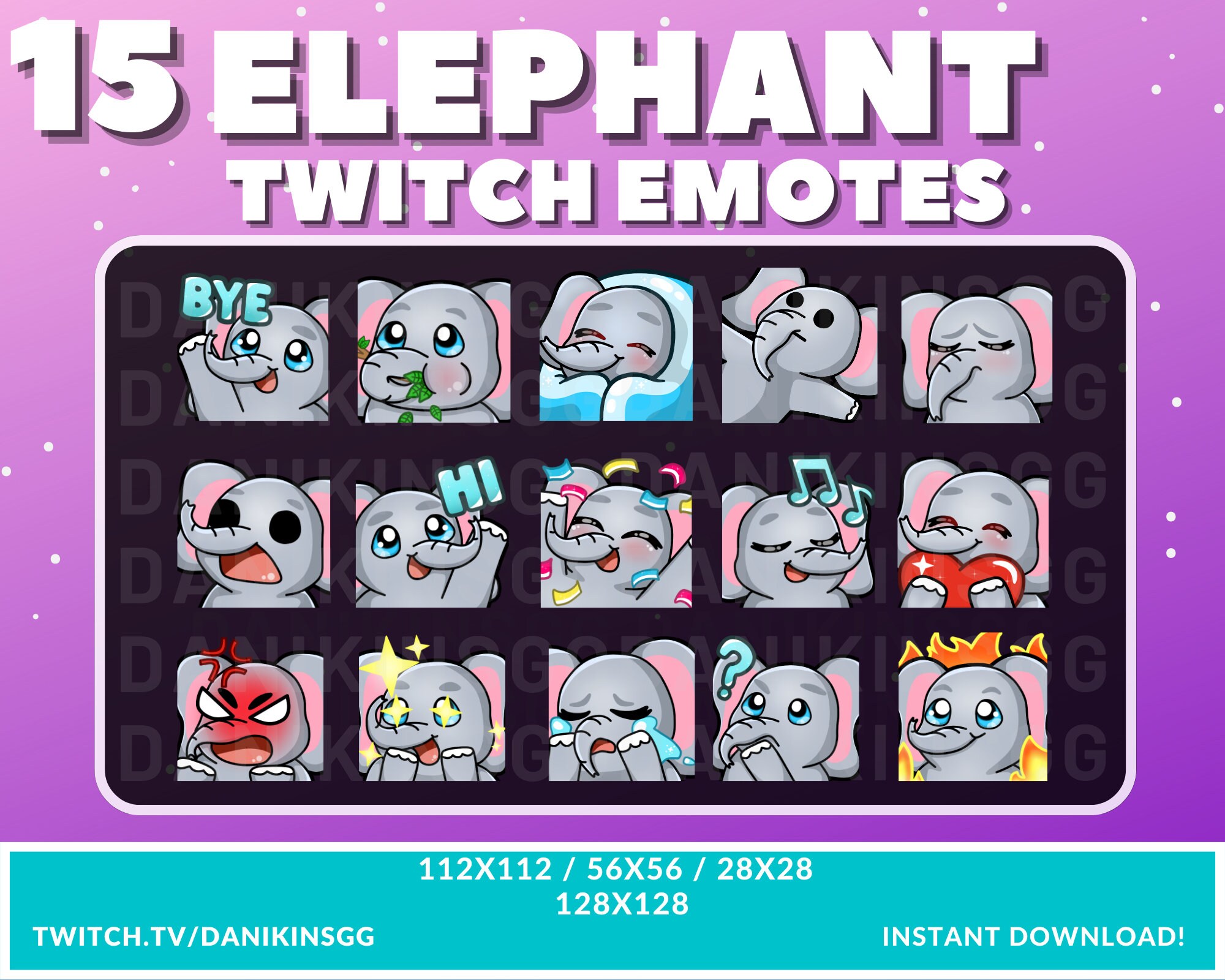 15 Cute Elephant Twitch Emotes | Emote Pack | Hi Bye Cozy Hype Love ...