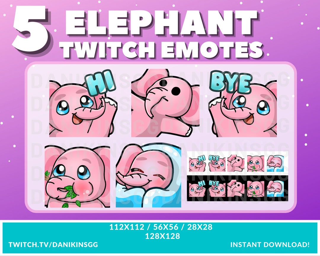 5 Cute PINK Elephant Twitch Emotes Emote Pack Hi Bye Cozy Eat Dead - Etsy
