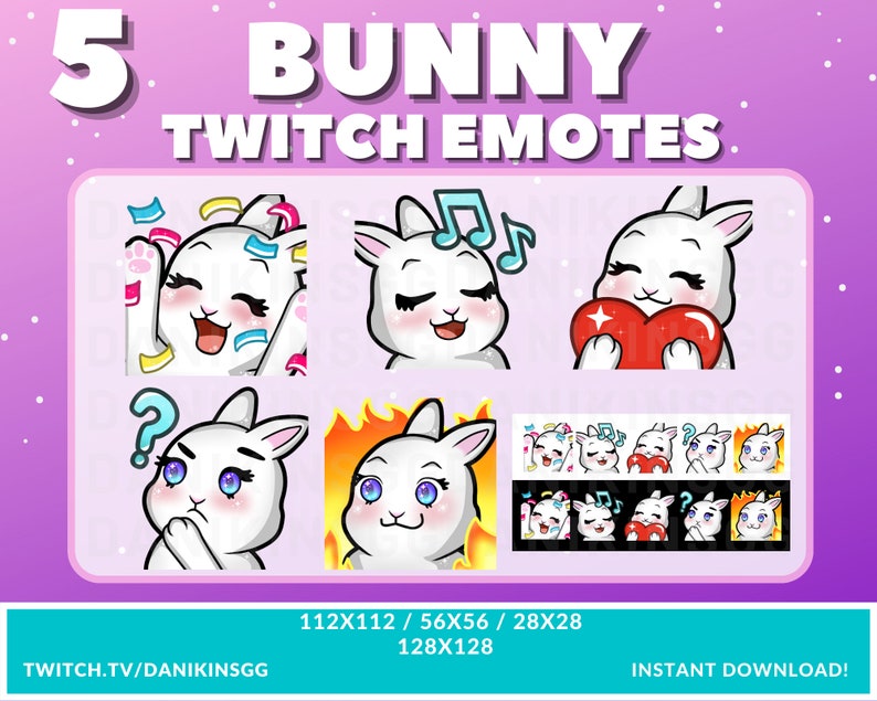5 Cute Bunny TWITCH EMOTES | White | Emote Pack | Bunny | Rabbit ...