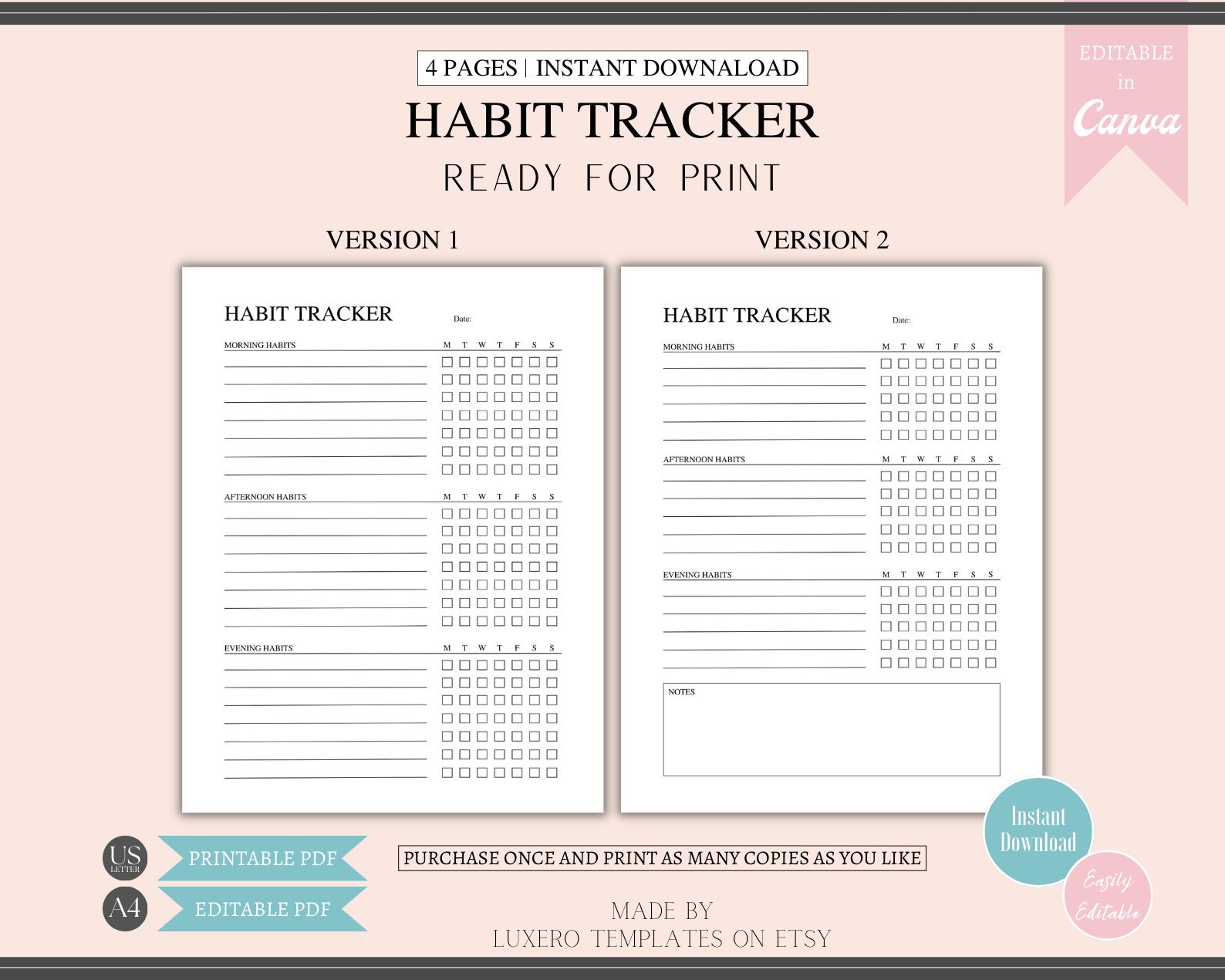 Editable Habit Tracker + Printable PDF, Daily Habit Tracker, Digital ...