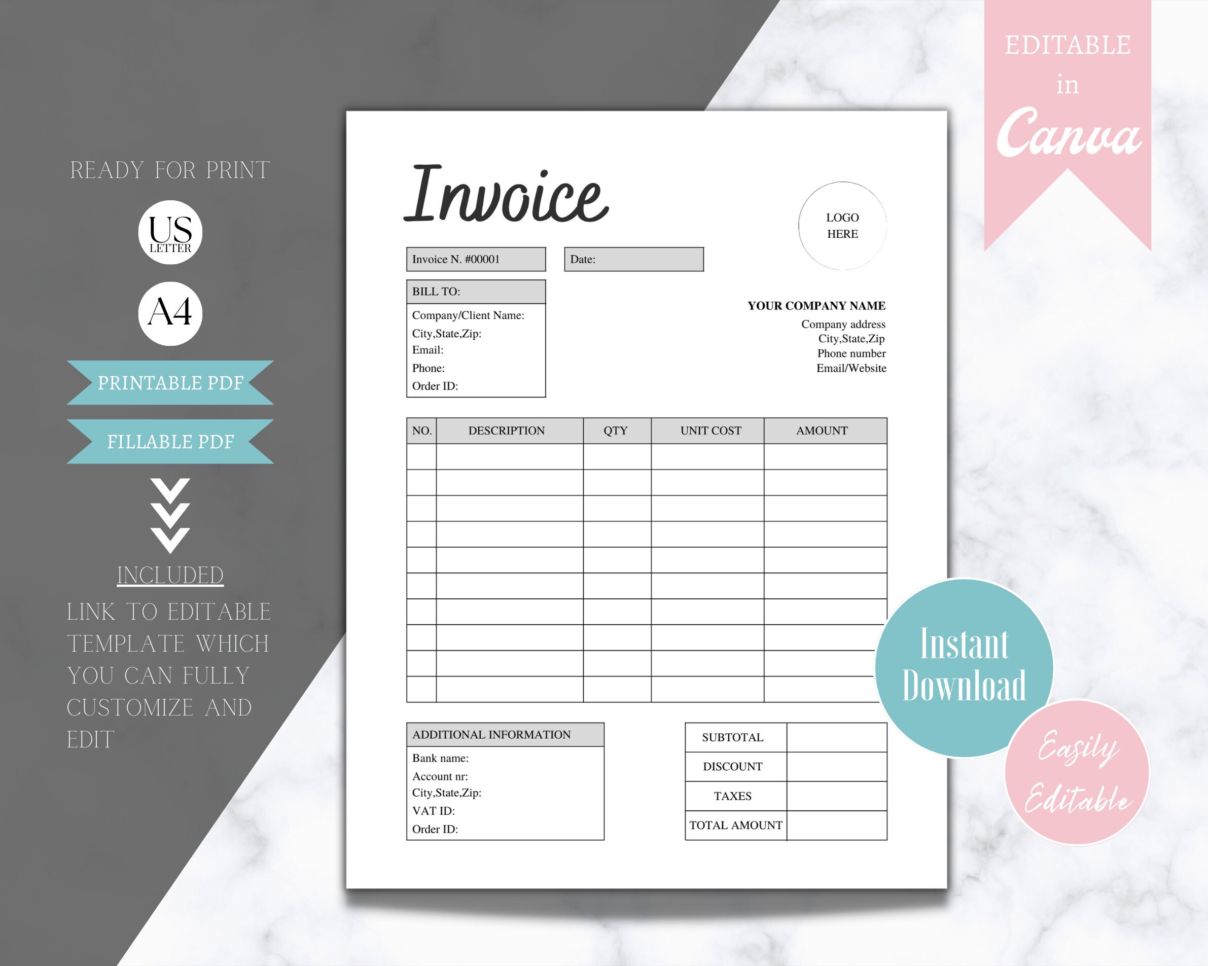 Invoice Editable Template, Order Form Printable, Business Invoice ...