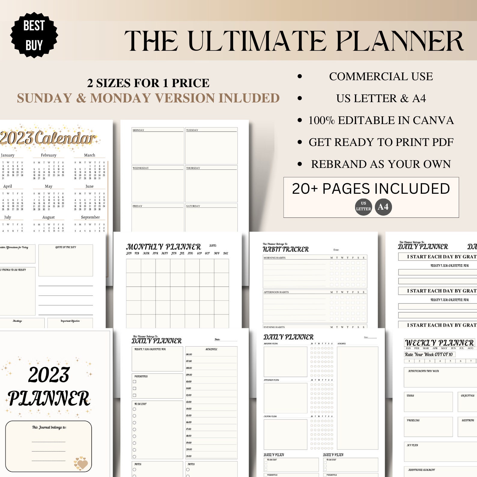 Canva Planner 2023 Editable Templates, Neutral Color Planner Printable ...