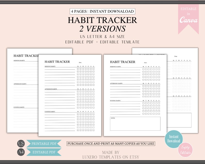 Editable Habit Tracker + Printable PDF, Daily Habit Tracker, Digital ...