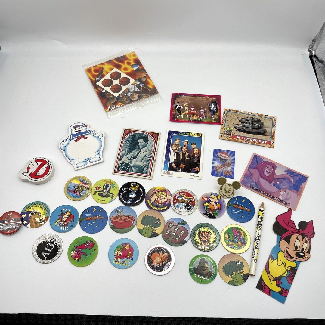 Vintage Stationary Lot Pogs, Cereal Box Basketball Card, Minnie Mouse ...