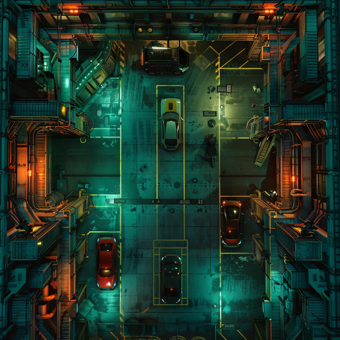 10 Cyberpunk Parking Battlemaps, Sci Fi, Dnd Battle Map, Cyberpunk, D&D ...